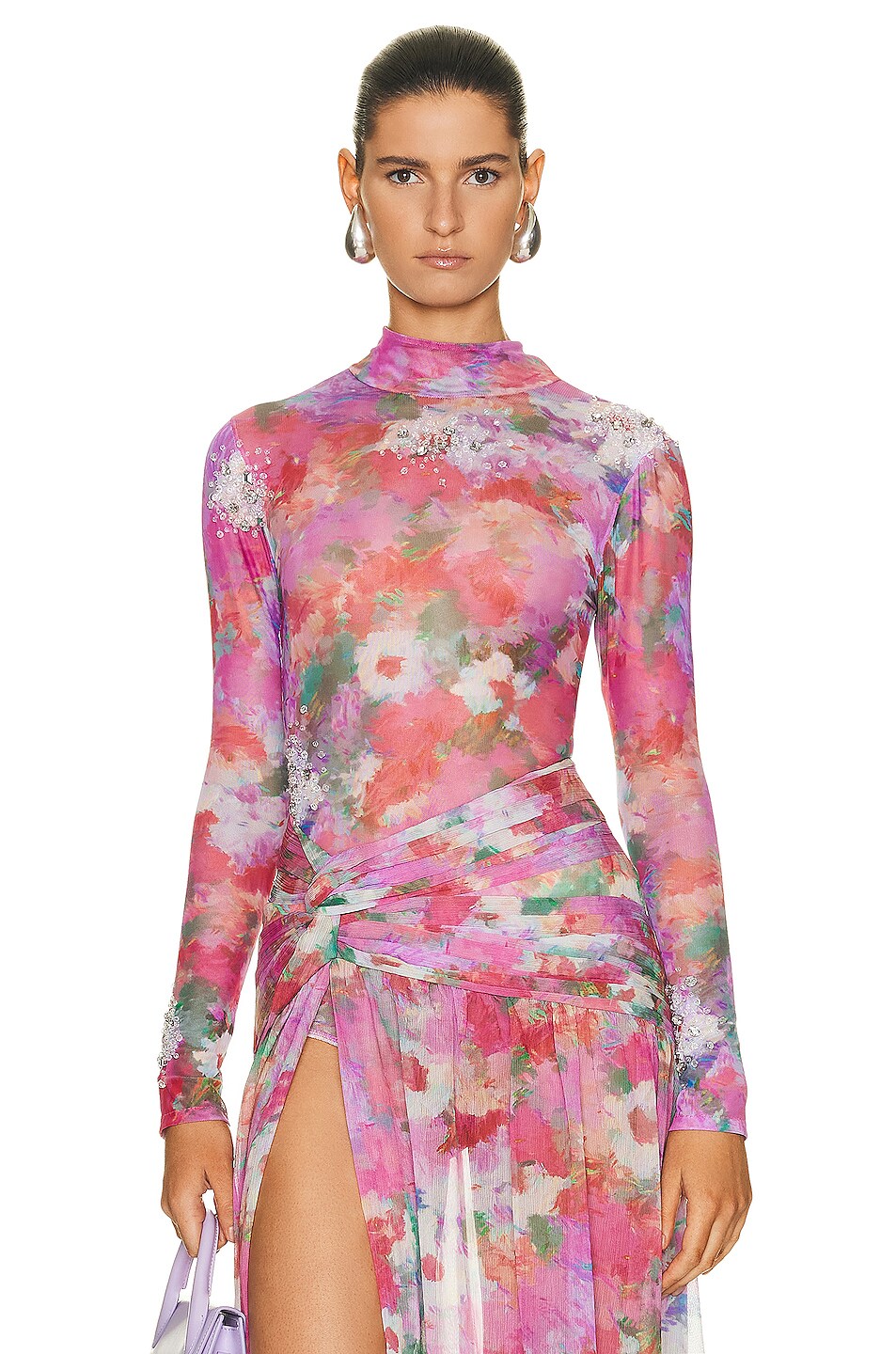 PatBO Hand Beaded Printed Tulle Bodysuit in Pink Multi | FWRD