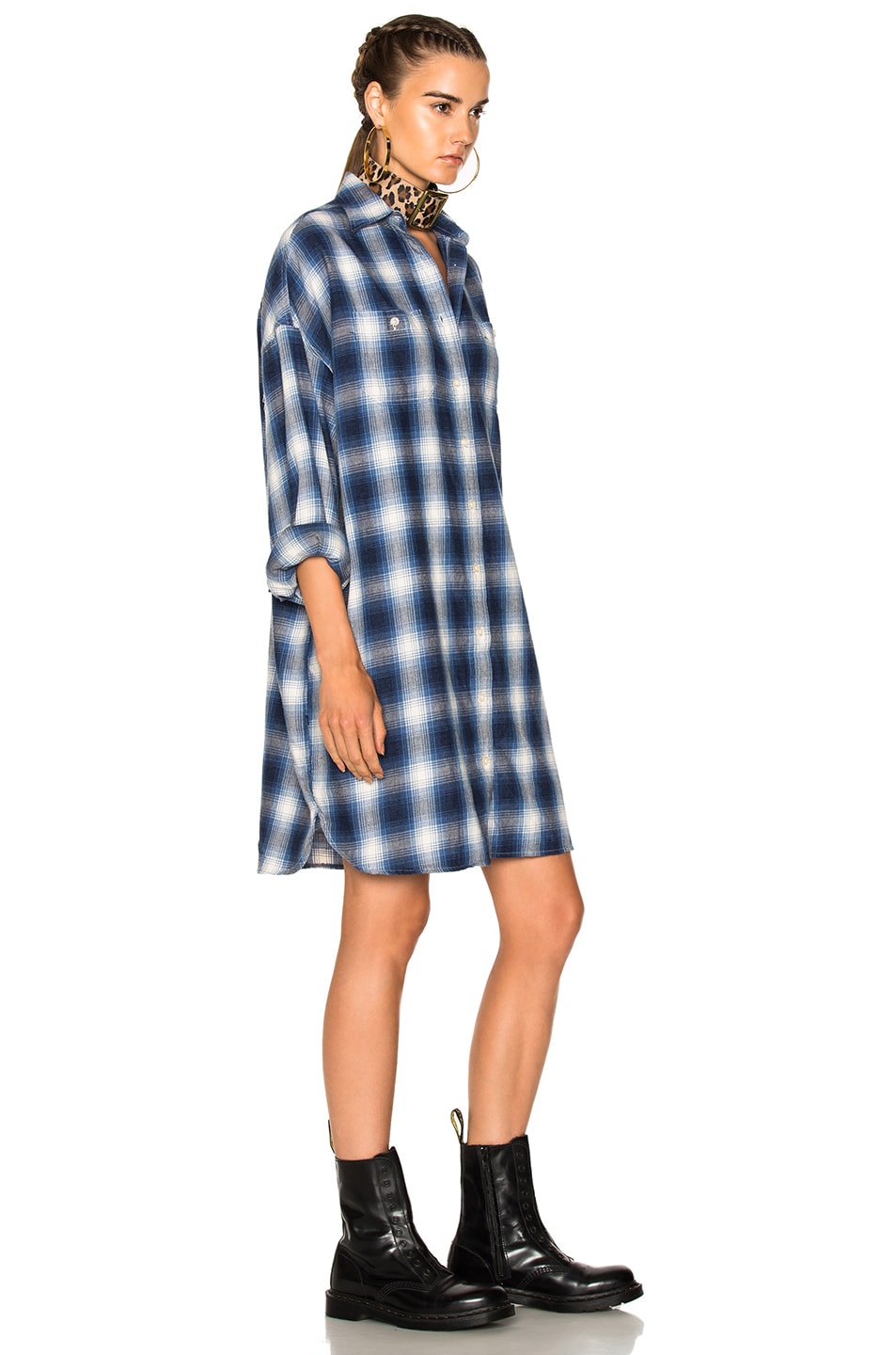 R13 Oversized Checked Cotton-Flannel Mini Dress in Blue Plaid | ModeSens