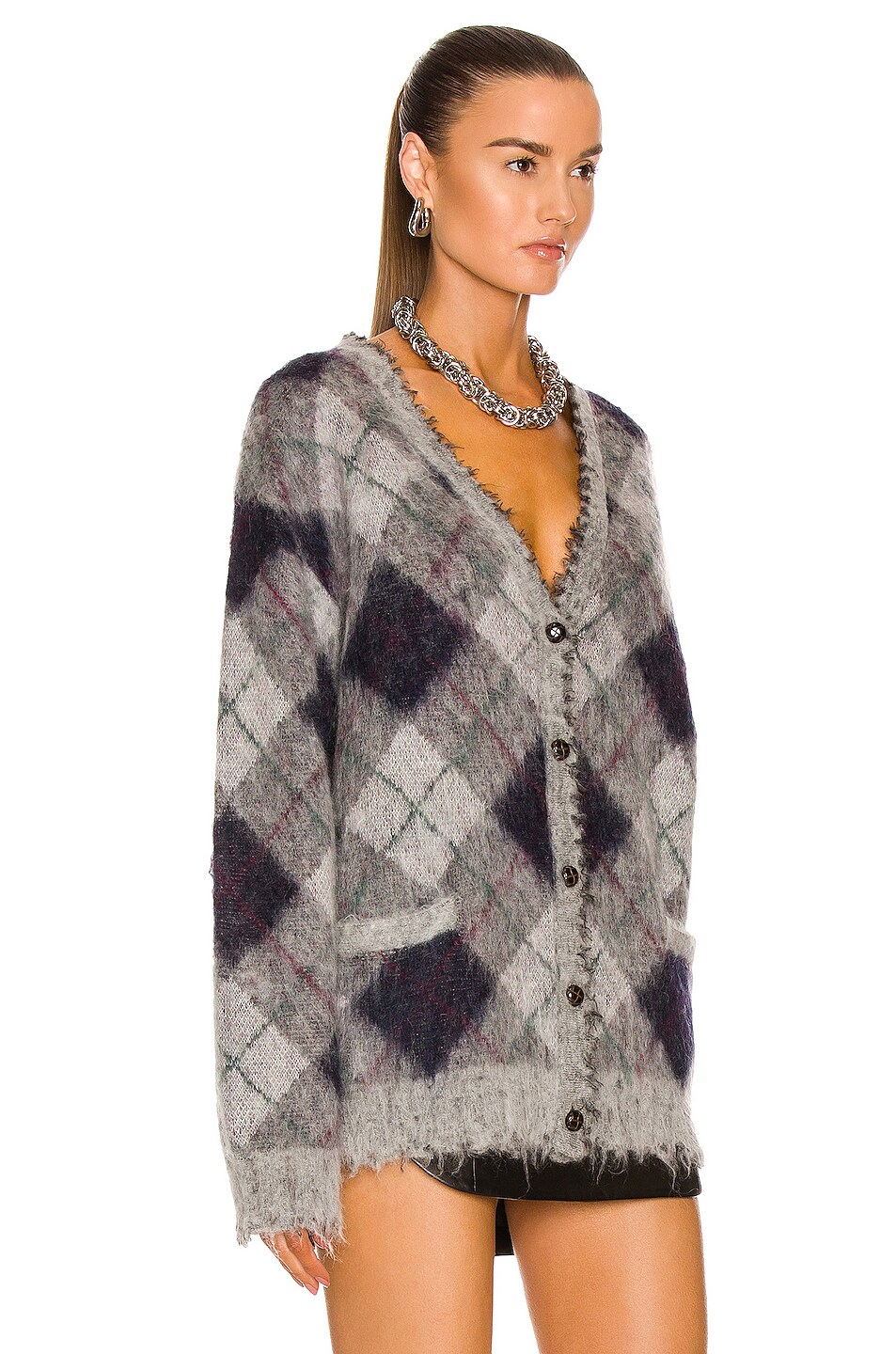 R13 Fluffy Oversized Distressed Edge Cardigan in Grey & Green Argyle | FWRD