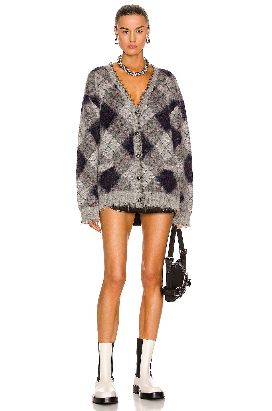 R13 Fluffy Oversized Distressed Edge Cardigan in Grey & Green Argyle | FWRD