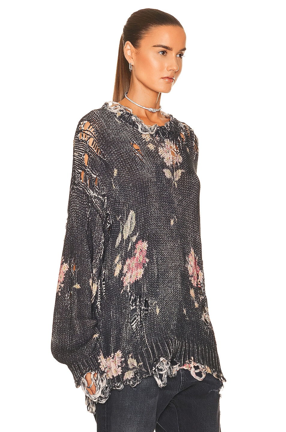 R13 Distressed Oversized Sweater in Floral On Black | FWRD