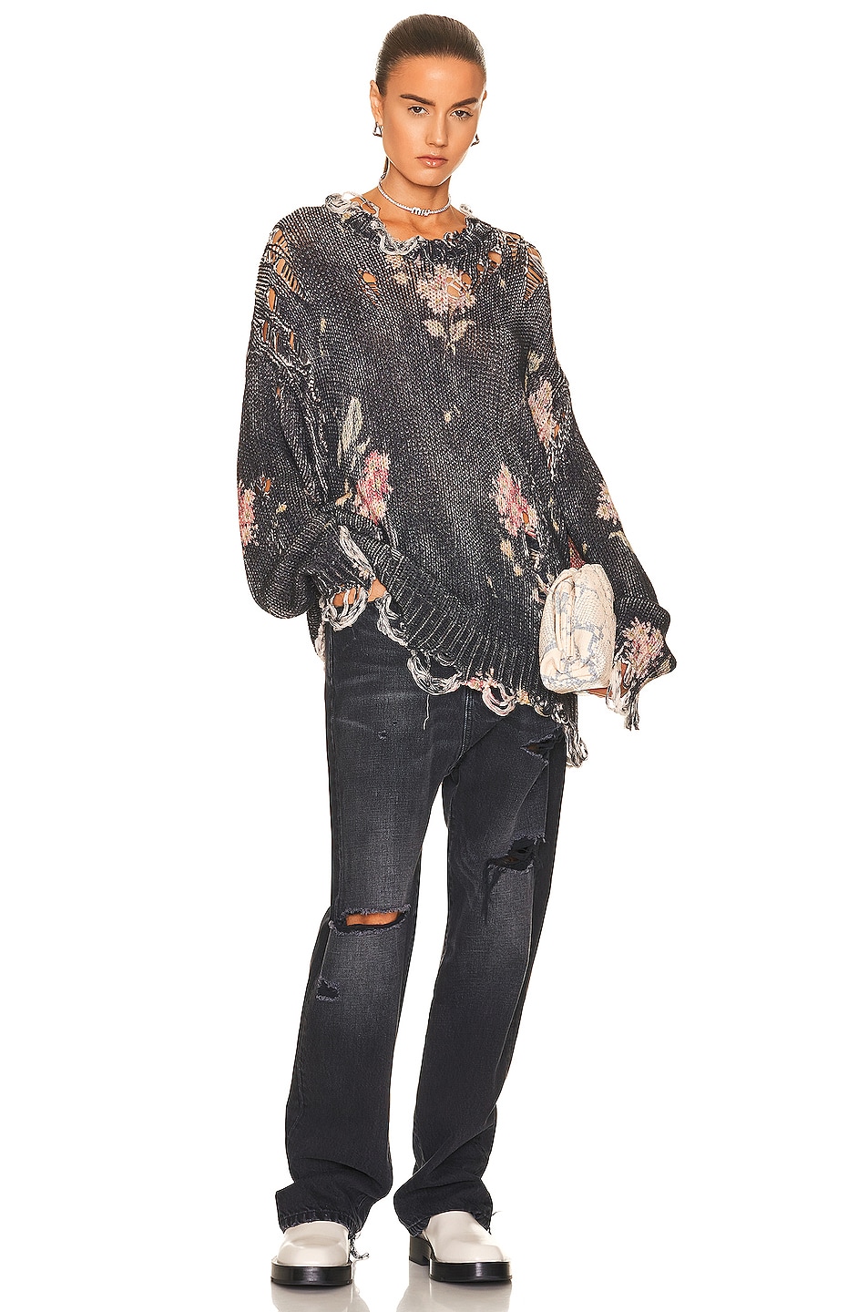 R13 Distressed Oversized Sweater in Floral On Black | FWRD