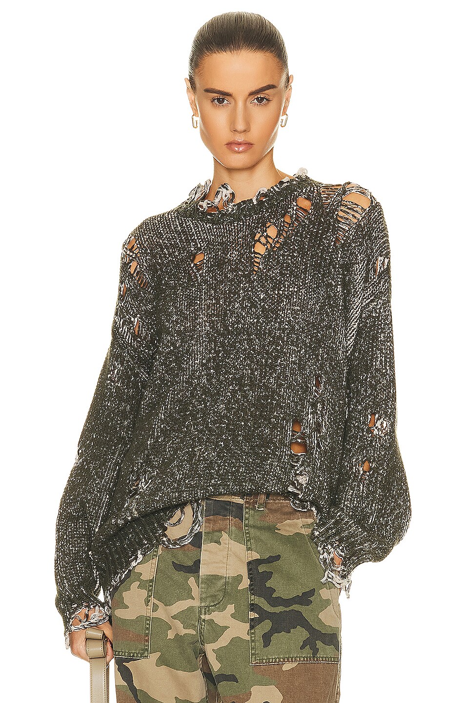 R13 Distressed Oversized Sweater in Printed Dark Olive | FWRD