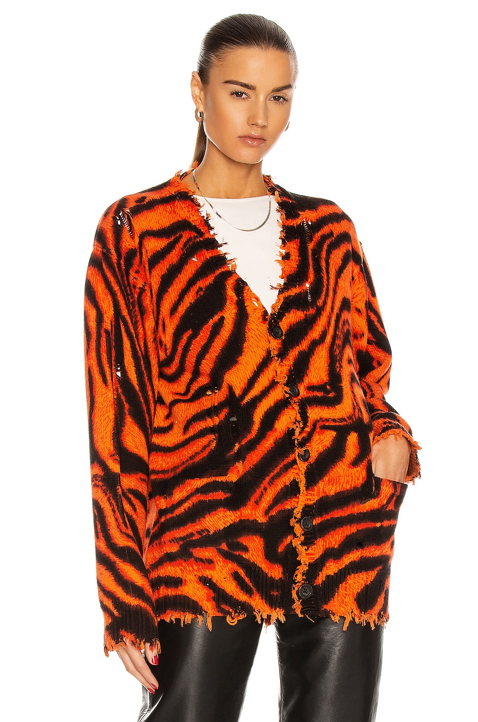 R13 Distressed Edge Cardigan in Orange Zebra | FWRD