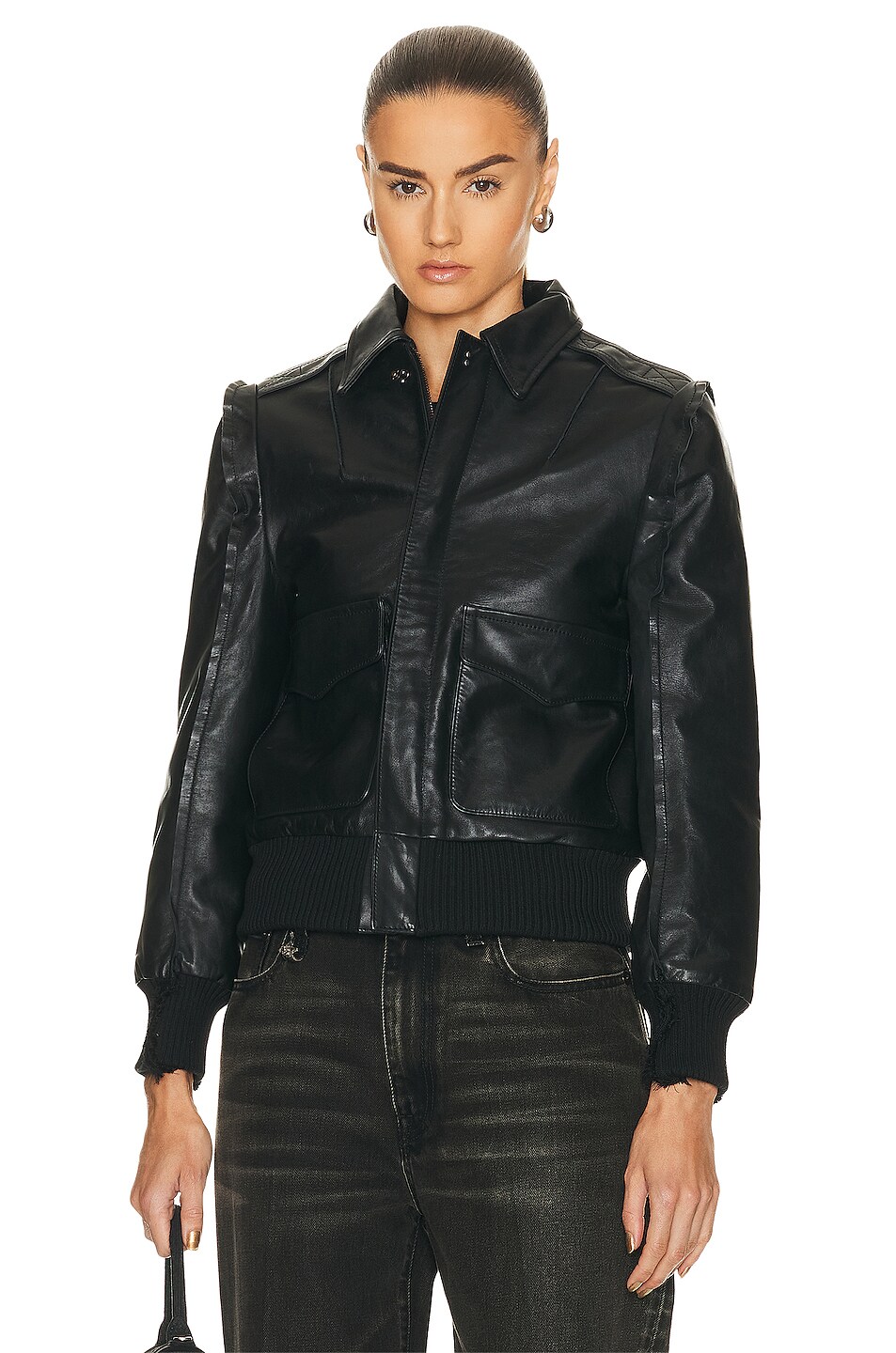 R13 Flat Sleeve Bomber Jacket in Shiny Black | FWRD
