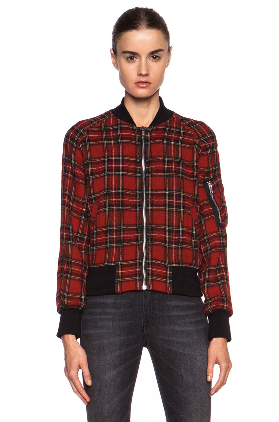 R13 Plaid Shrunken Flight Wool Jacket in Royal Stewart | FWRD