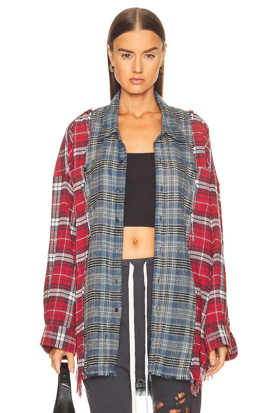 R13 Drop Neck Combo Work Shirt in Red & Blue Plaid | FWRD