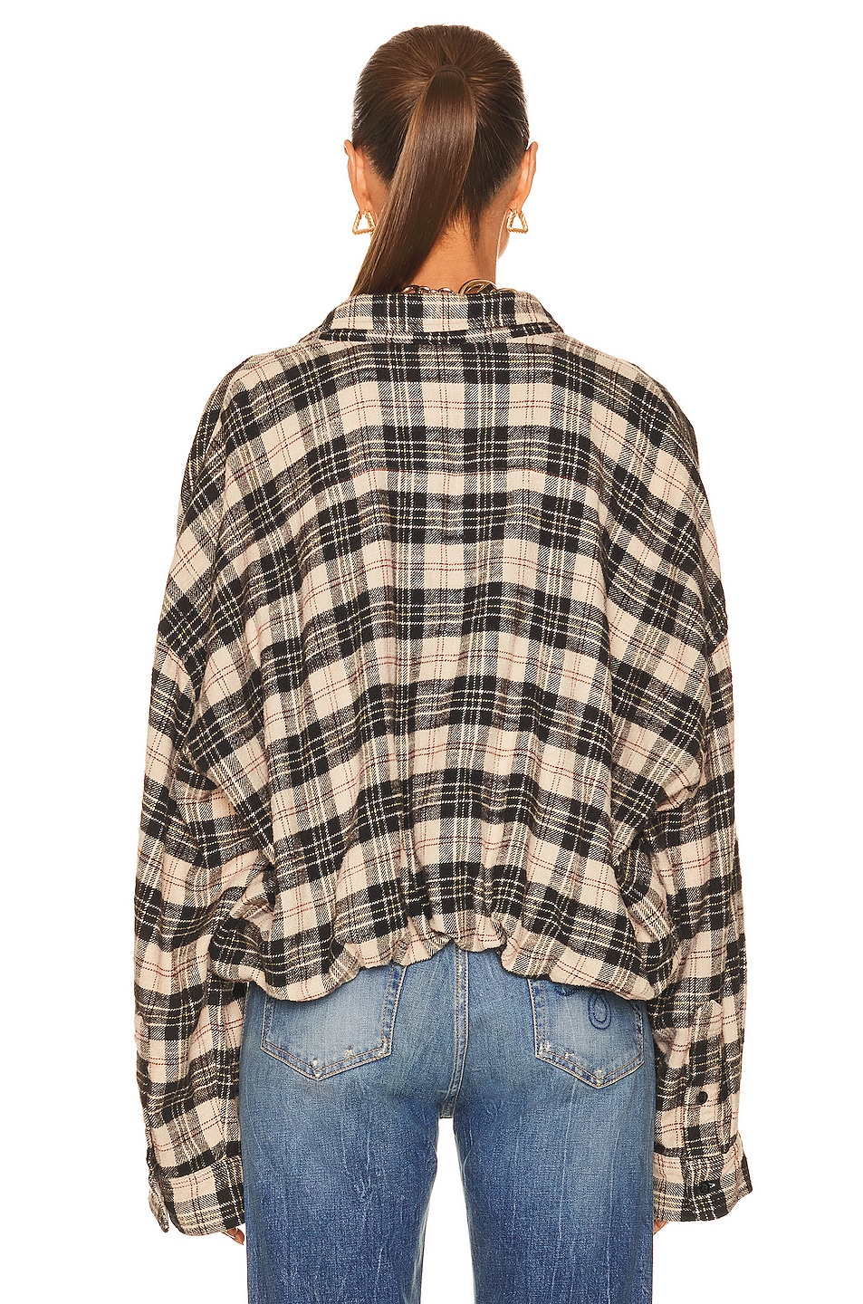 R13 Gathered Hem Work Shirt in Beige & Black Plaid | FWRD