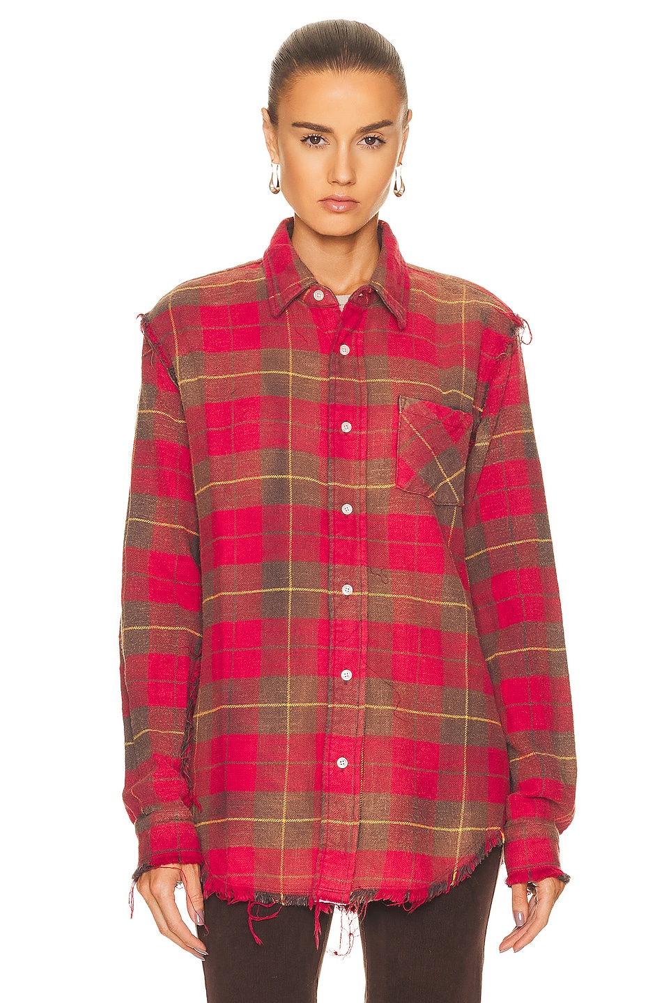 R13 Shredded Seam Shirt in Red & Grey Plaid | FWRD