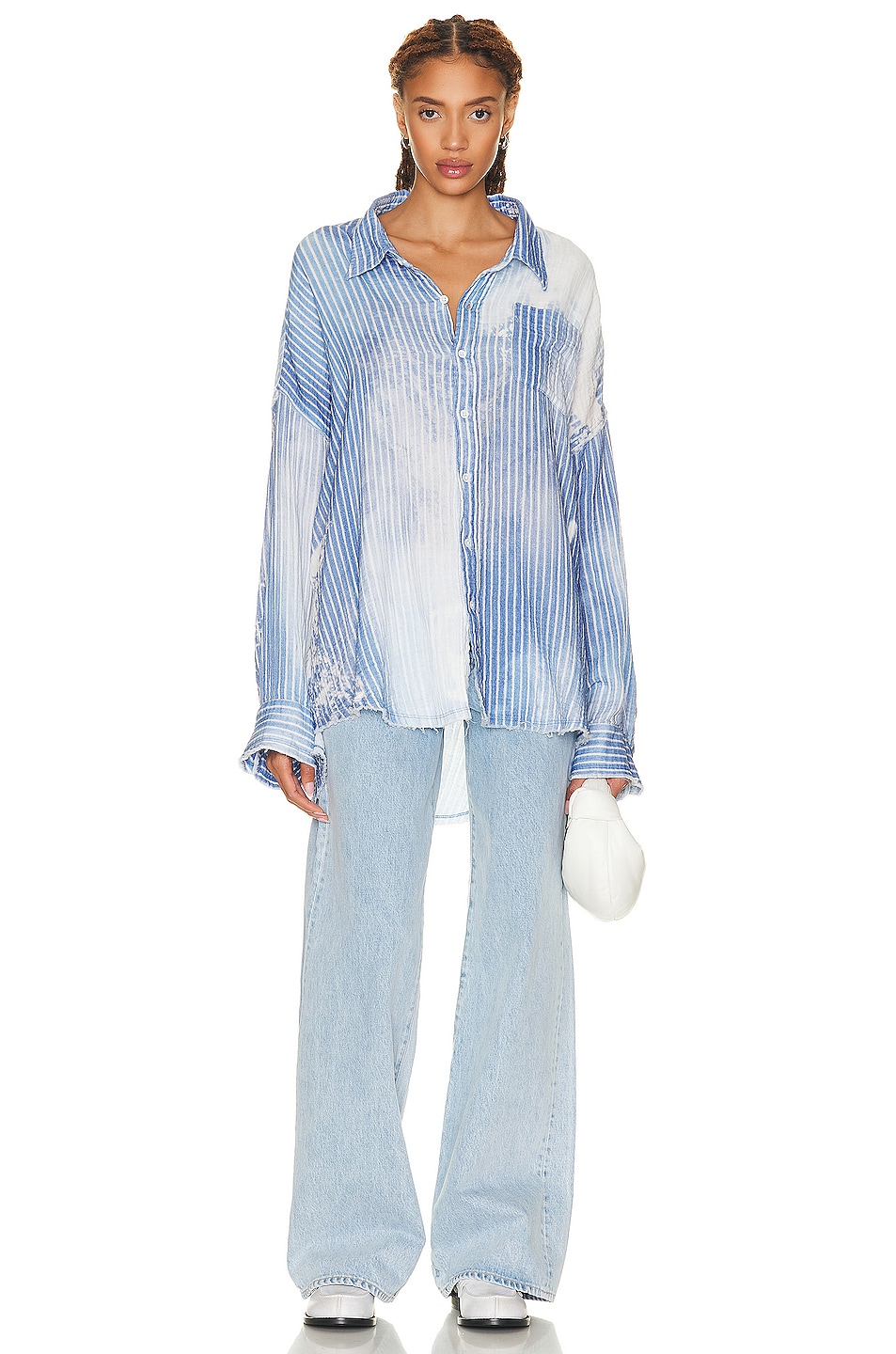 R13 Shredded Seam Drop Neck Shirt in "BLEACHED" BLUE STRIPE | FWRD