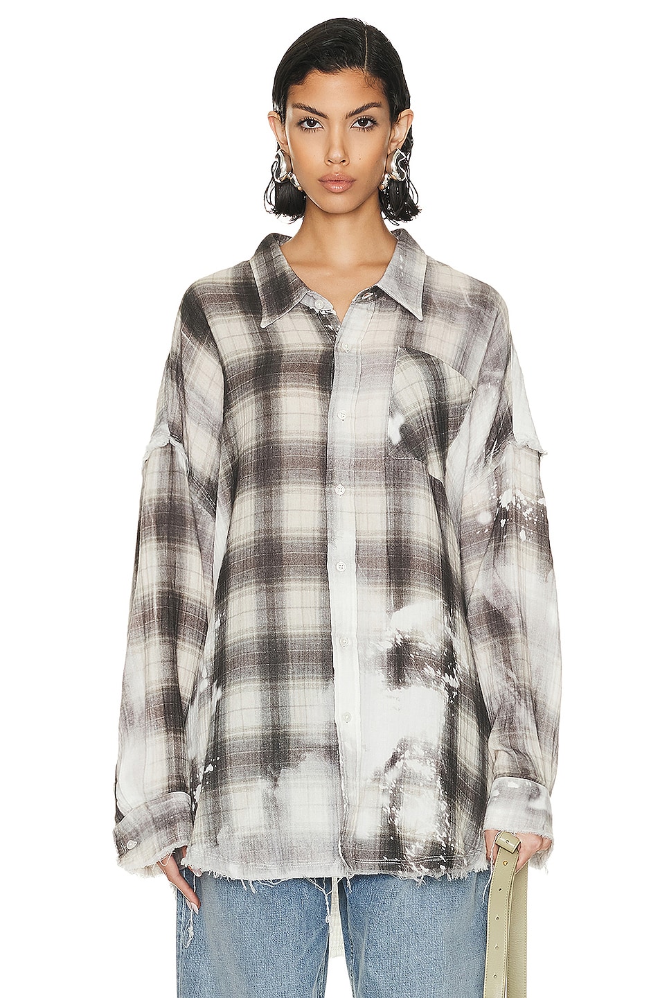 R13 Shredded Seam Drop Neck Shirt in Bleacked Ecru & Brown Plaid | FWRD