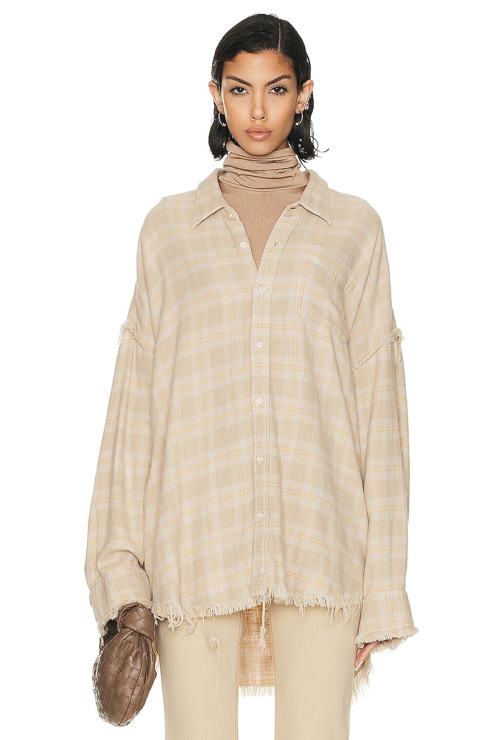 R13 Shredded Seam Drop Neck Shirt in Khaki Overdye Plaid | FWRD