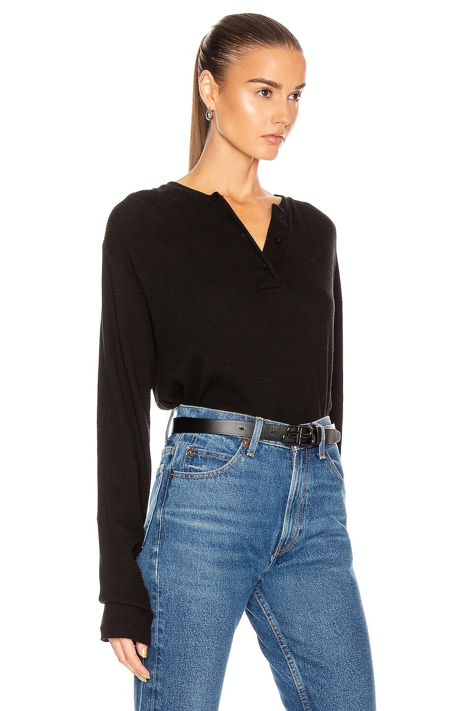 RE/DONE Henley Long Sleeve Tee in Black | FWRD