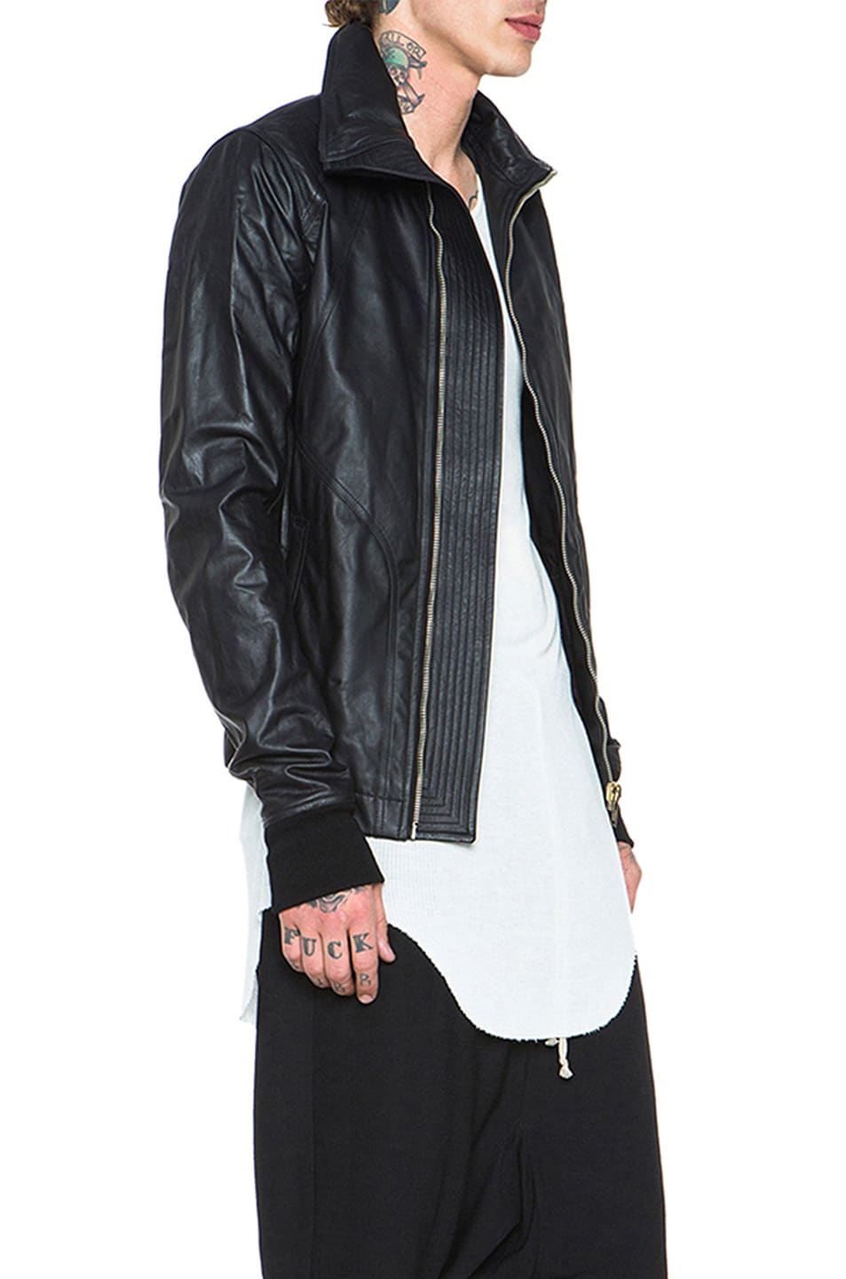 Rick Owens Intarsia High Neck Glass Ice Lambskin Leather Jacket in Black | FWRD
