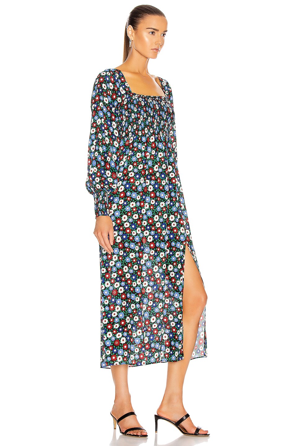 RIXO Marie Dress in Retro Micro Floral Blue, Green & Red | FWRD