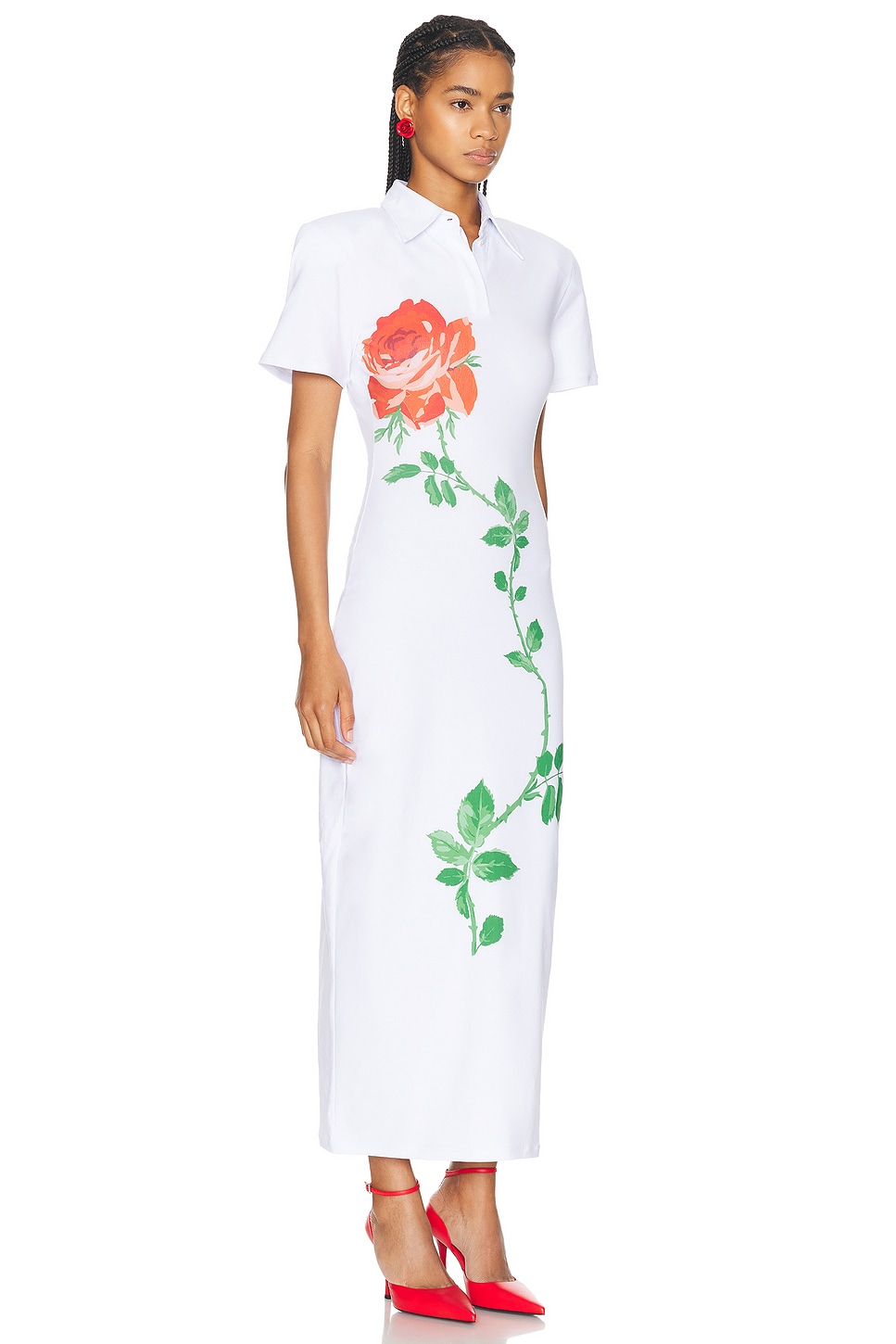 Rowen Rose Printed Jersey Polo Dress in White & Red Rose | FWRD
