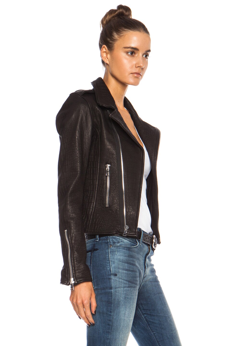RTA Snake Embossed Biker Leather Jacket in Black | FWRD