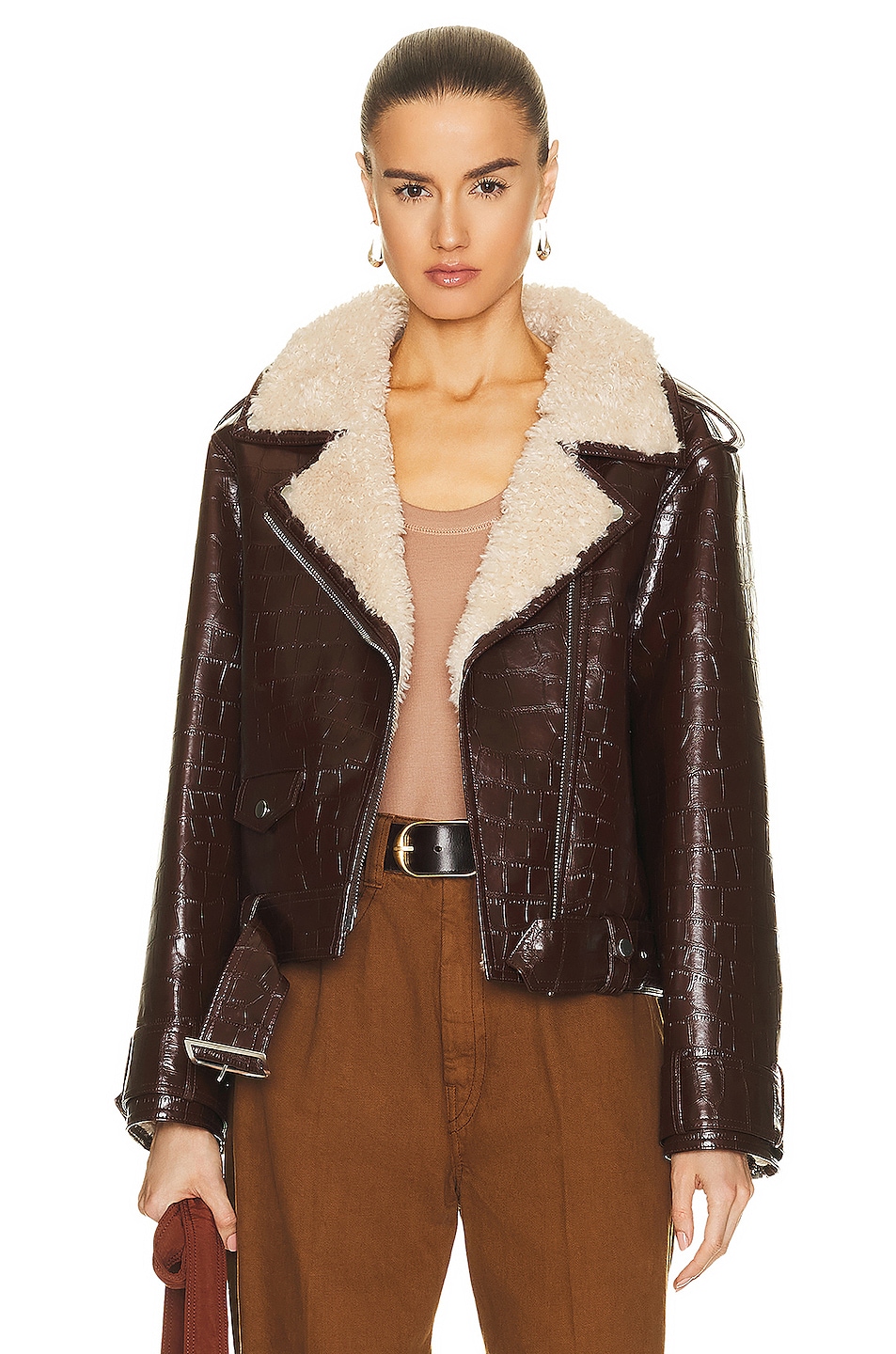 STAND STUDIO Johanna Faux Shearling Biker Jacket in Brown & Sand | FWRD