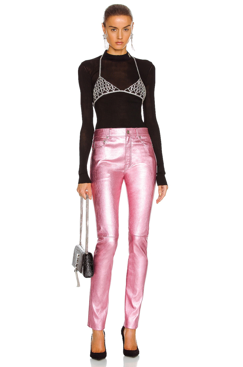 Saint Laurent YSL Strass Top in Argent & Crystal Noir | FWRD