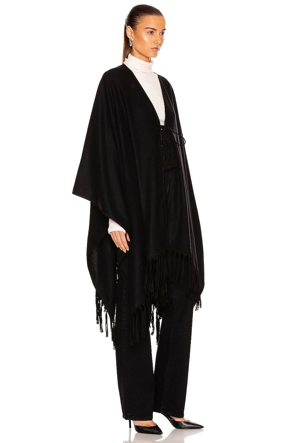 Saint Laurent Cashmere Fringe Poncho in Nero | FWRD