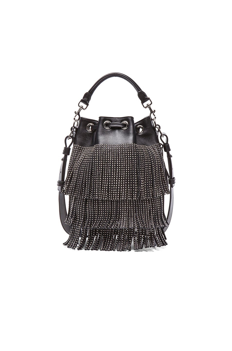 Saint Laurent Small Seau Studded Bucket Bag with Fringe in Black | FWRD