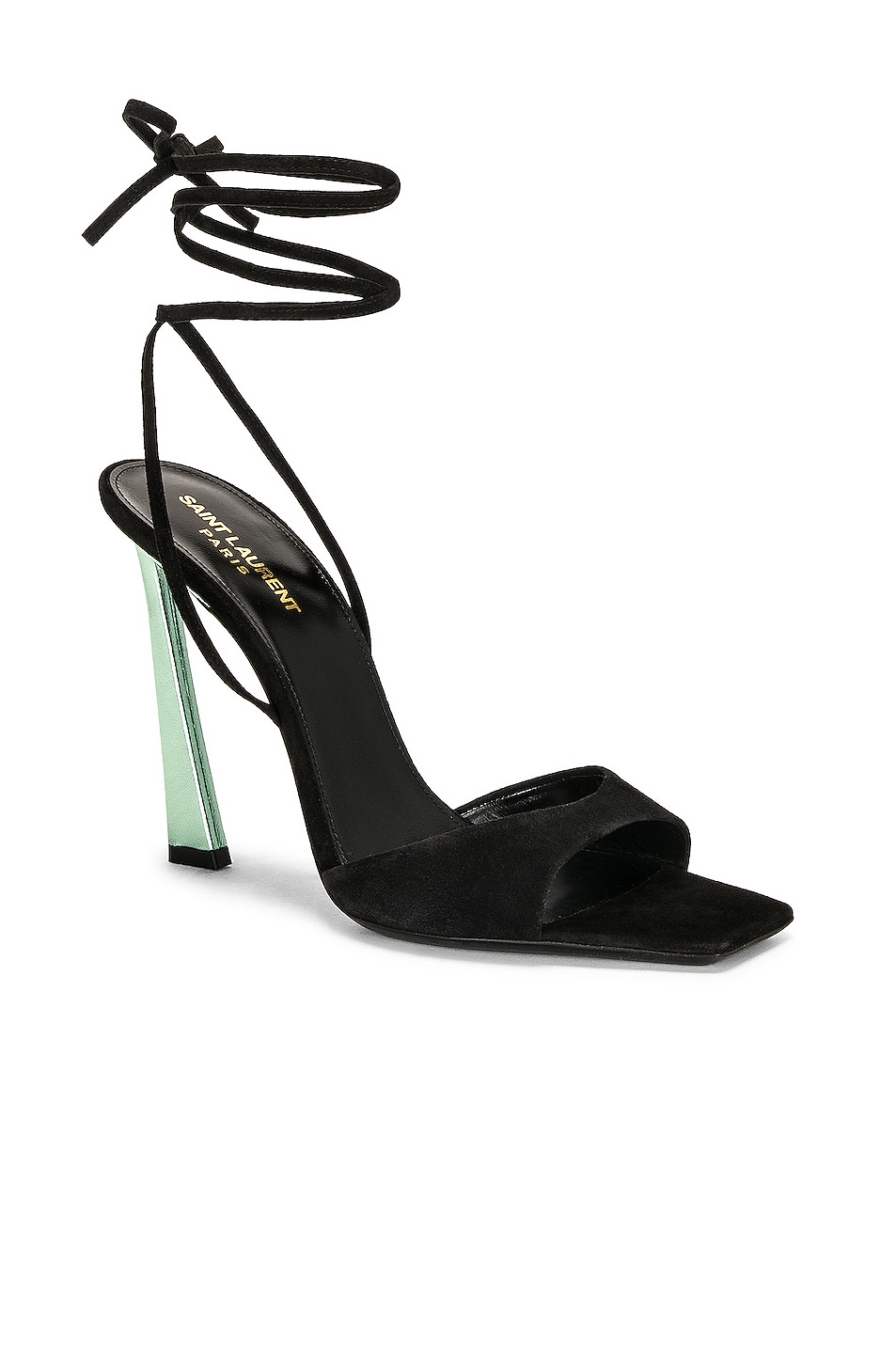 Saint Laurent Vitti Wrap Around Sandal in Nero & Hope Green | FWRD