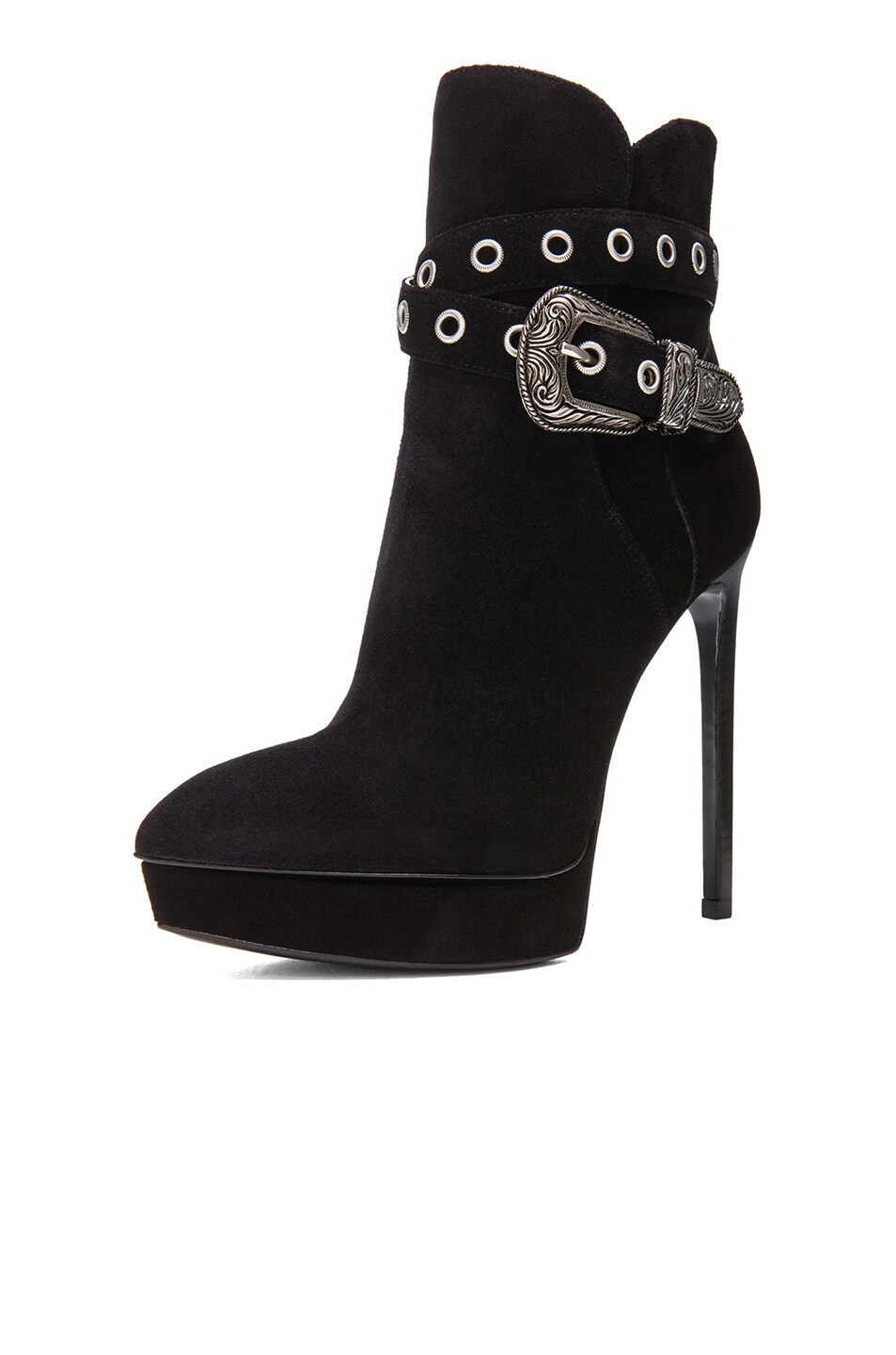 Saint Laurent Janis Suede Buckled Booties in Black | FWRD