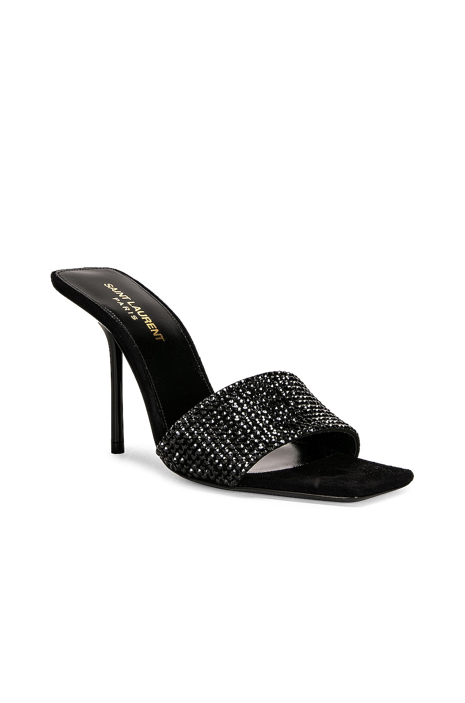 Saint Laurent Lucky Evening Mules in Nero & Jet | FWRD