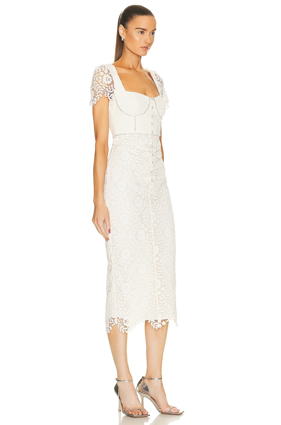 self-portrait Cream Rose Lace Midi Dress in Cream | FWRD
