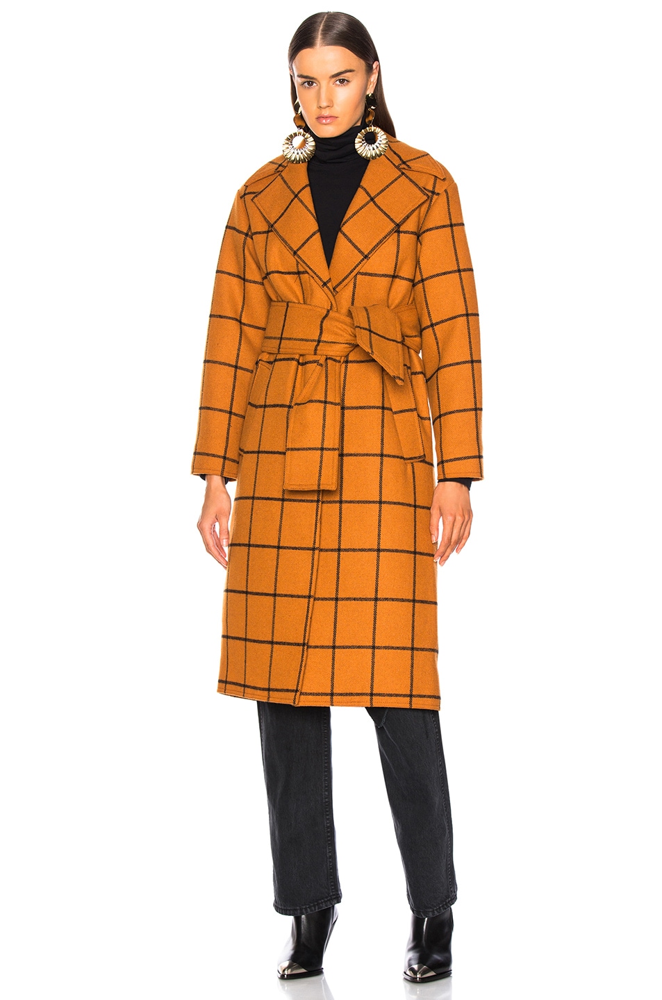 self-portrait Long Check Overcoat in Tan | FWRD