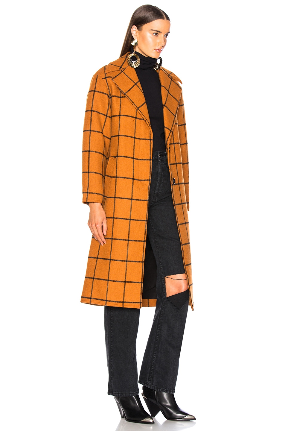 self-portrait Long Check Overcoat in Tan | FWRD