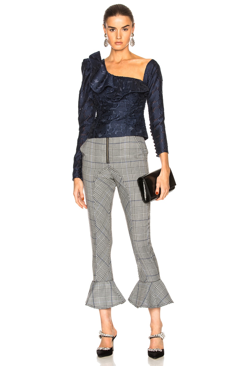 self-portrait Floral Fil Coupe Ruffle Top in Navy | FWRD