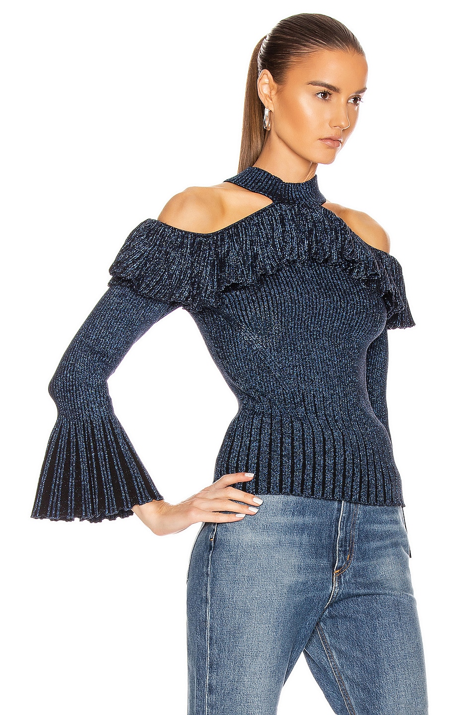 self-portrait Cold Shoulder Frill Knit Top in Navy | FWRD