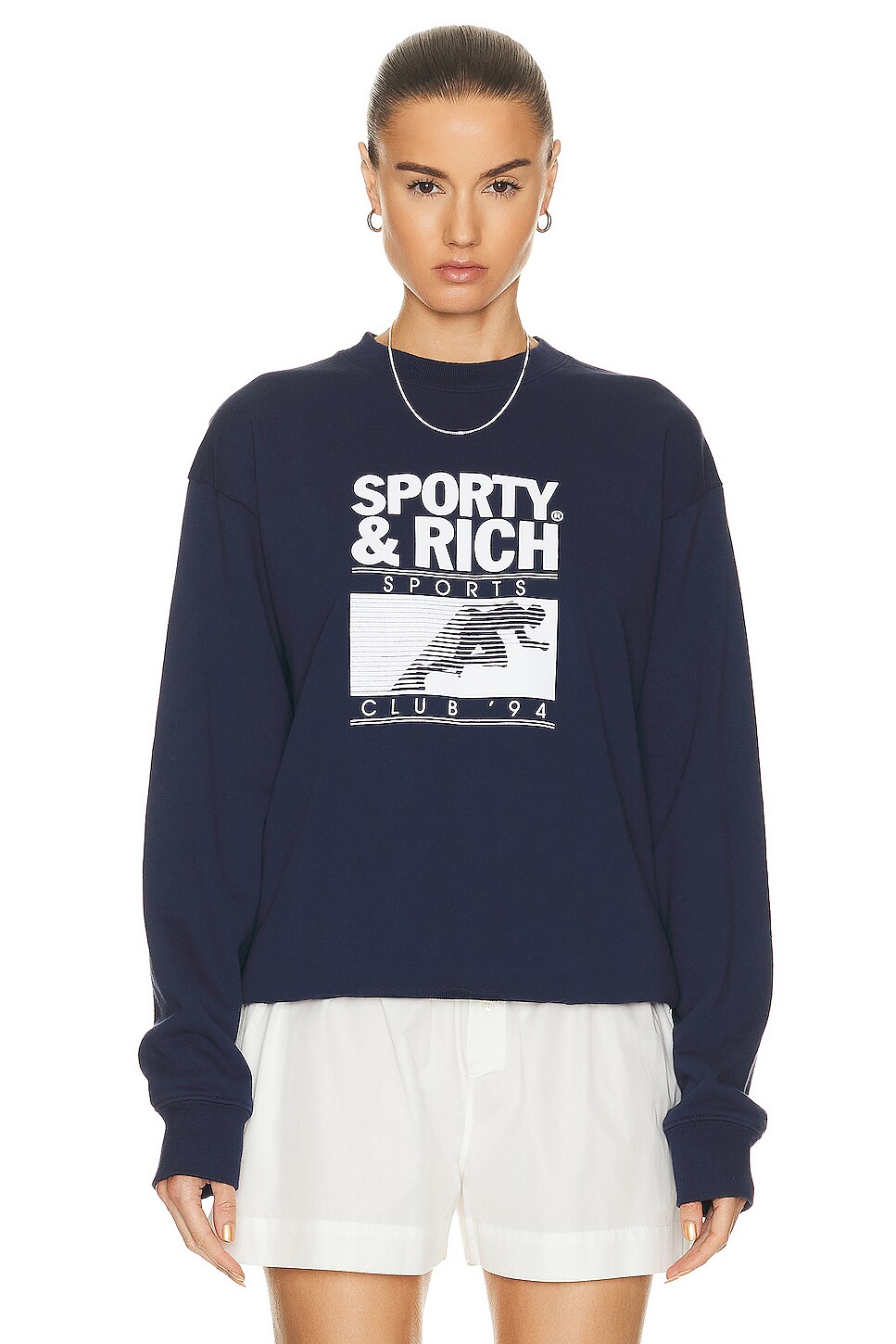 Sporty & Rich Motion Club Crewneck Sweatshirt in Navy & White | FWRD