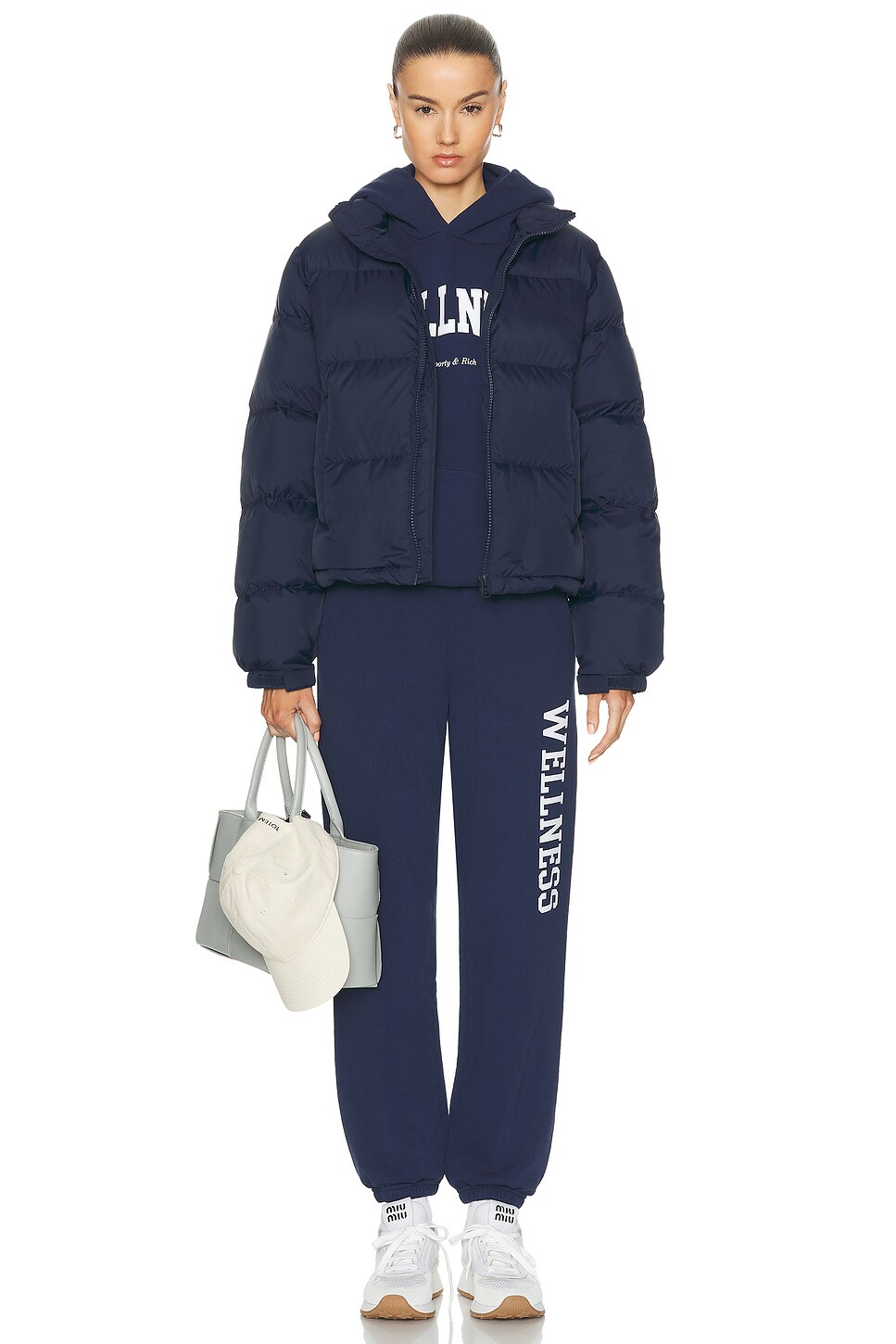 Sporty & Rich Crown LA Puffer Jacket in Navy & Cream | FWRD