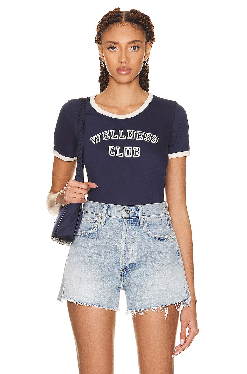 Sporty & Rich Wellness Club Ringer Tee in Navy & Cream | FWRD