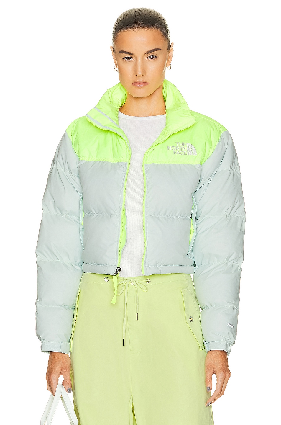 The North Face Nuptse Short Jacket in Skylight Blue & Led Yellow | FWRD