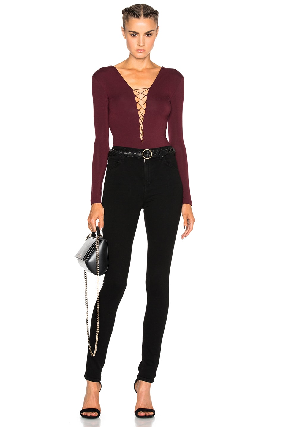 Alexander Wang Lace Up Long Sleeve Bodysuit In Wine Fwrd
