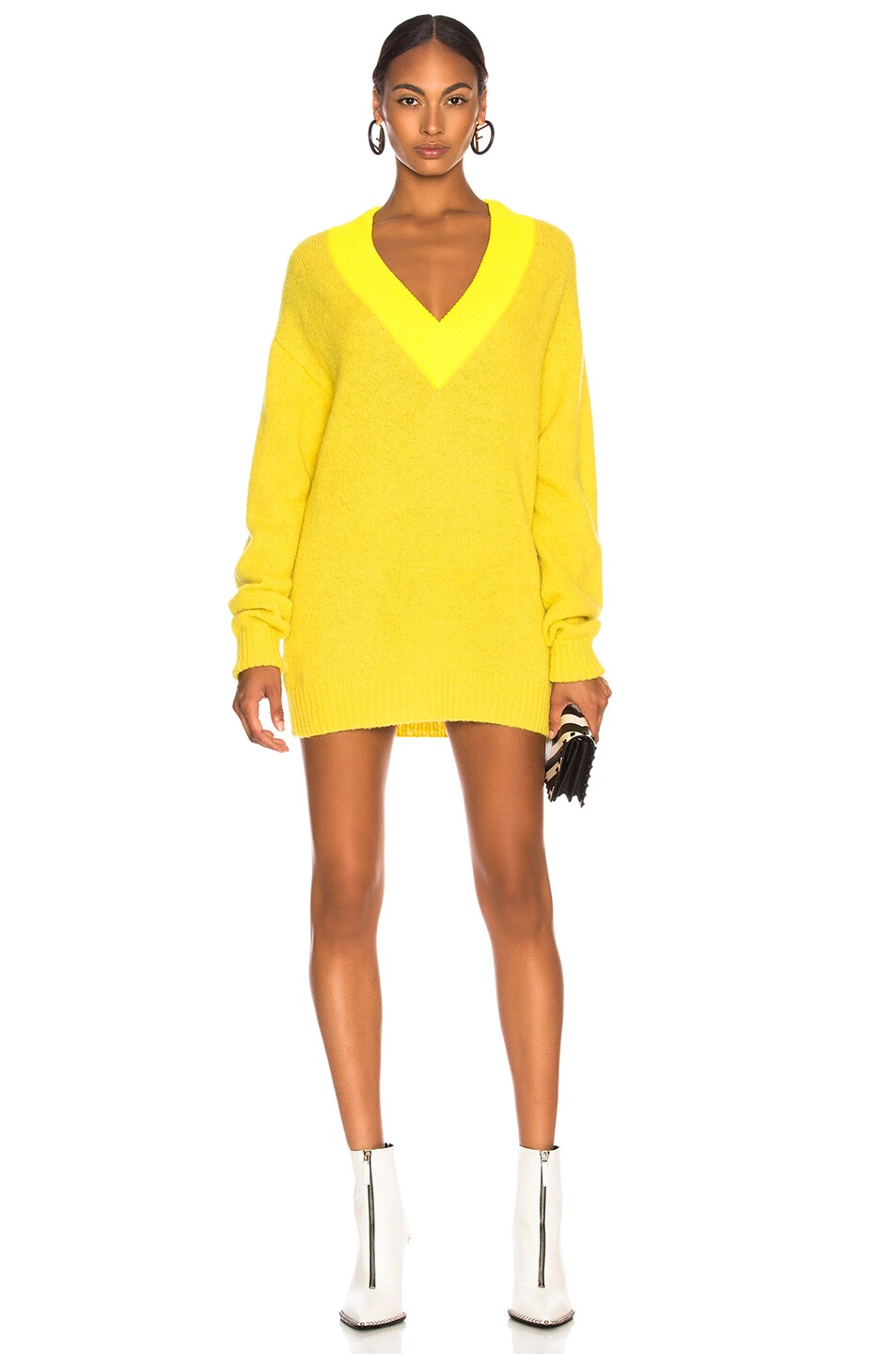 Tibi Airy Alpaca Sweater Deep V-Neck Tunic Pullover in Lemon Yellow ...