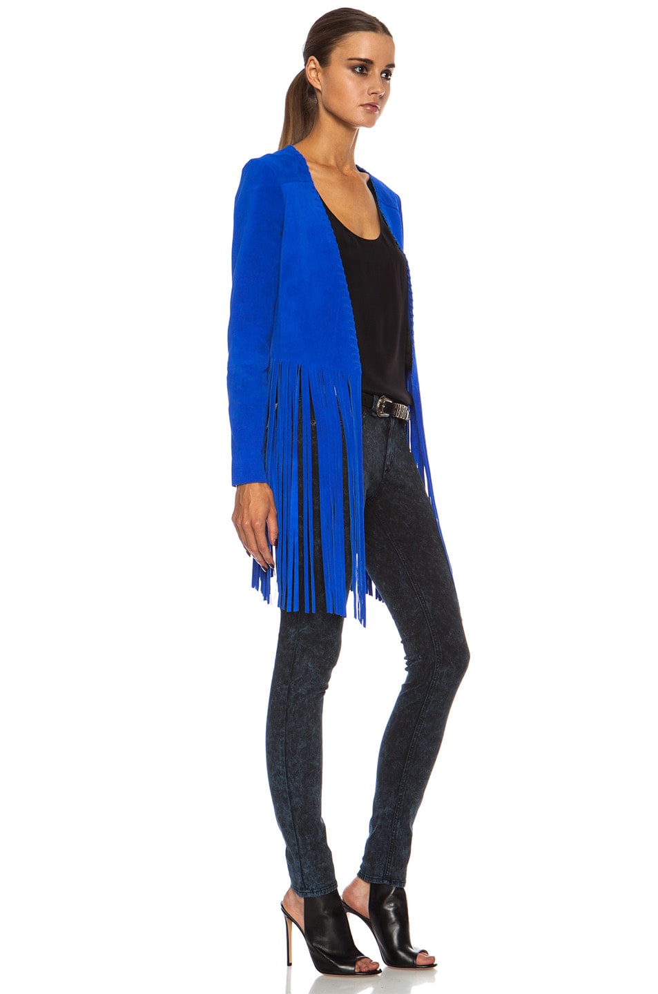 ThePerfext Christy Fringe Suede Jacket in Blue | FWRD