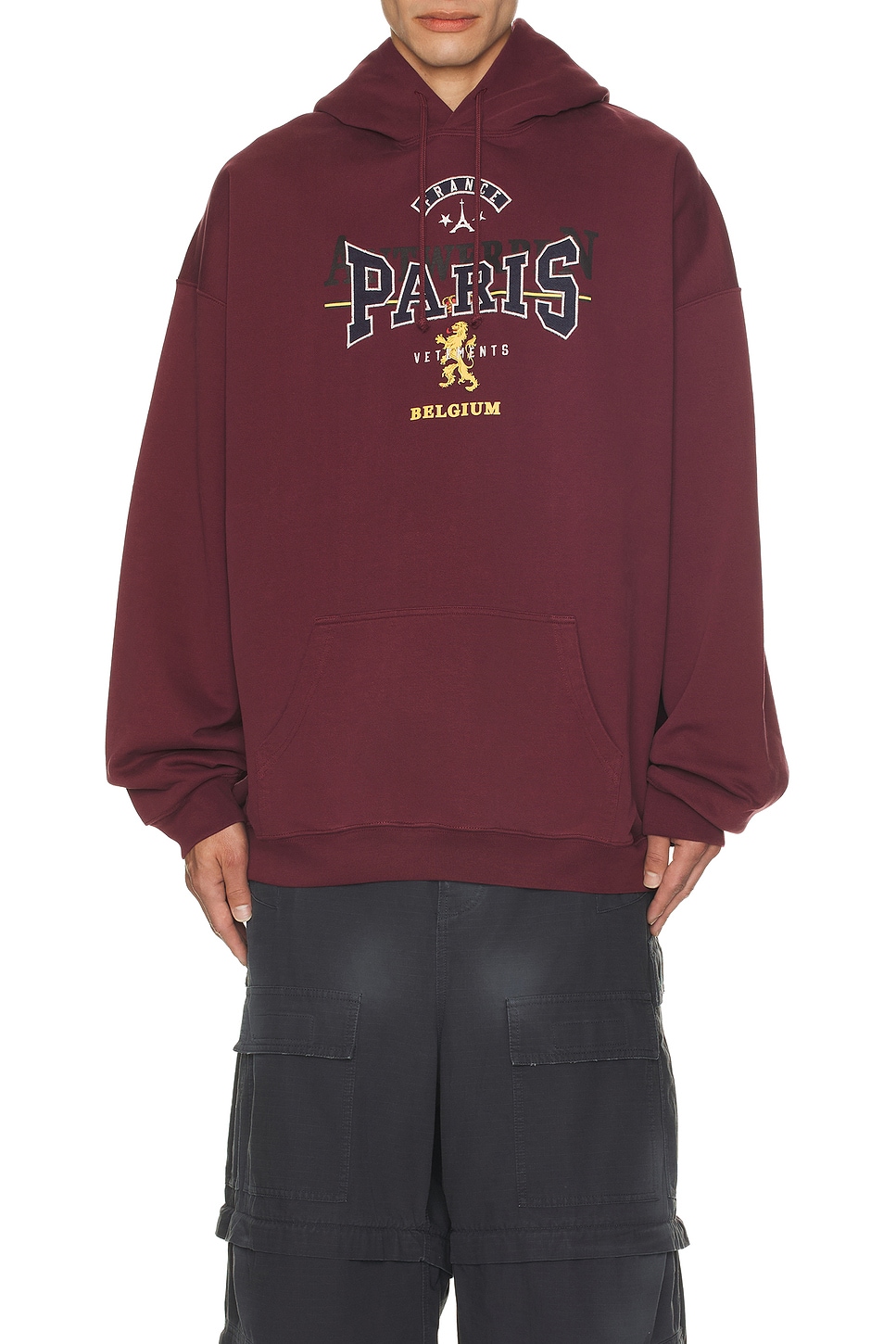 VETEMENTS Merged Double Hood Embroidered Tourist Hoodie in Bordeaux | FWRD