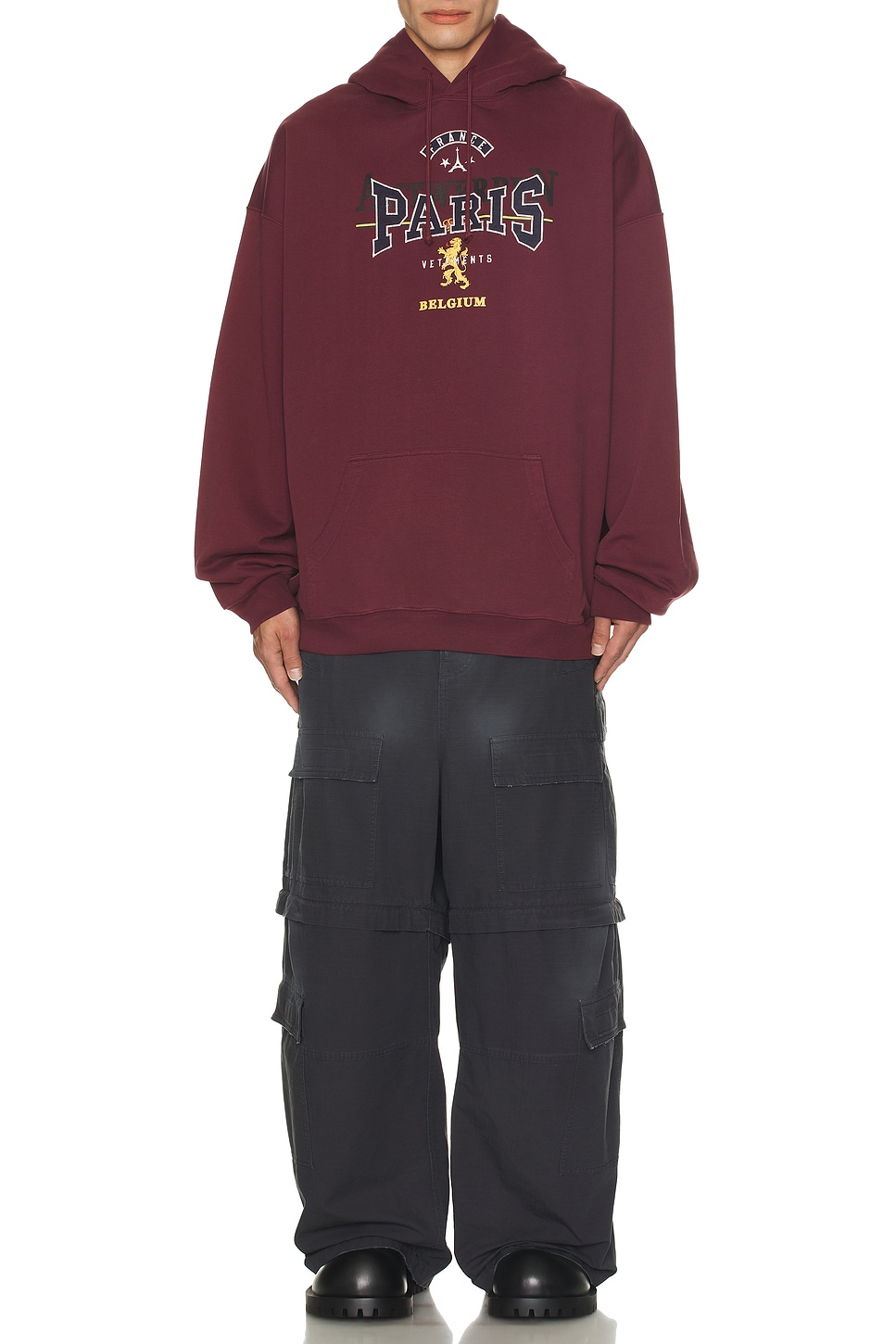 VETEMENTS Merged Double Hood Embroidered Tourist Hoodie in Bordeaux | FWRD