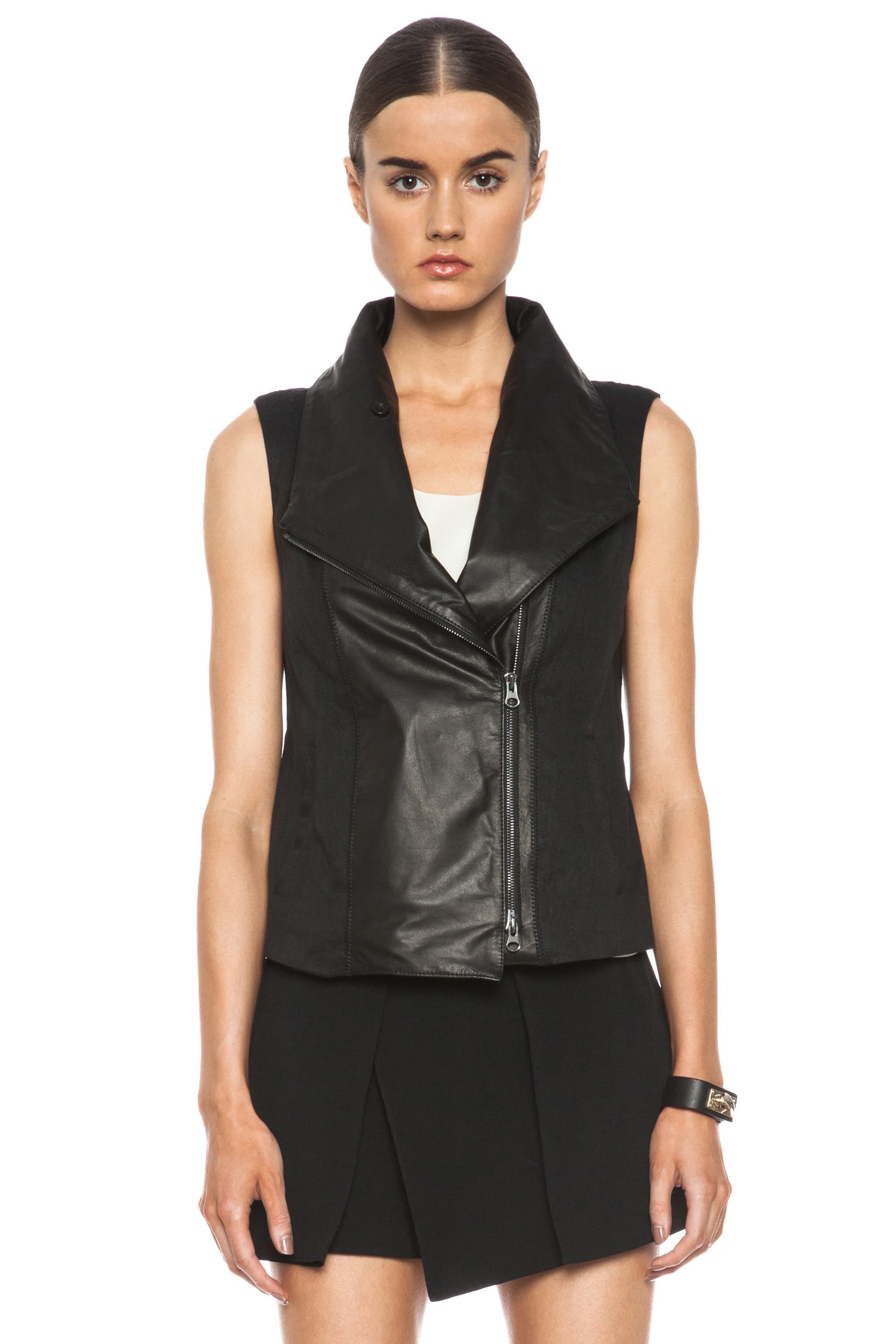 Vince Asymmetric Leather Linen-Blend Vest in Black | FWRD