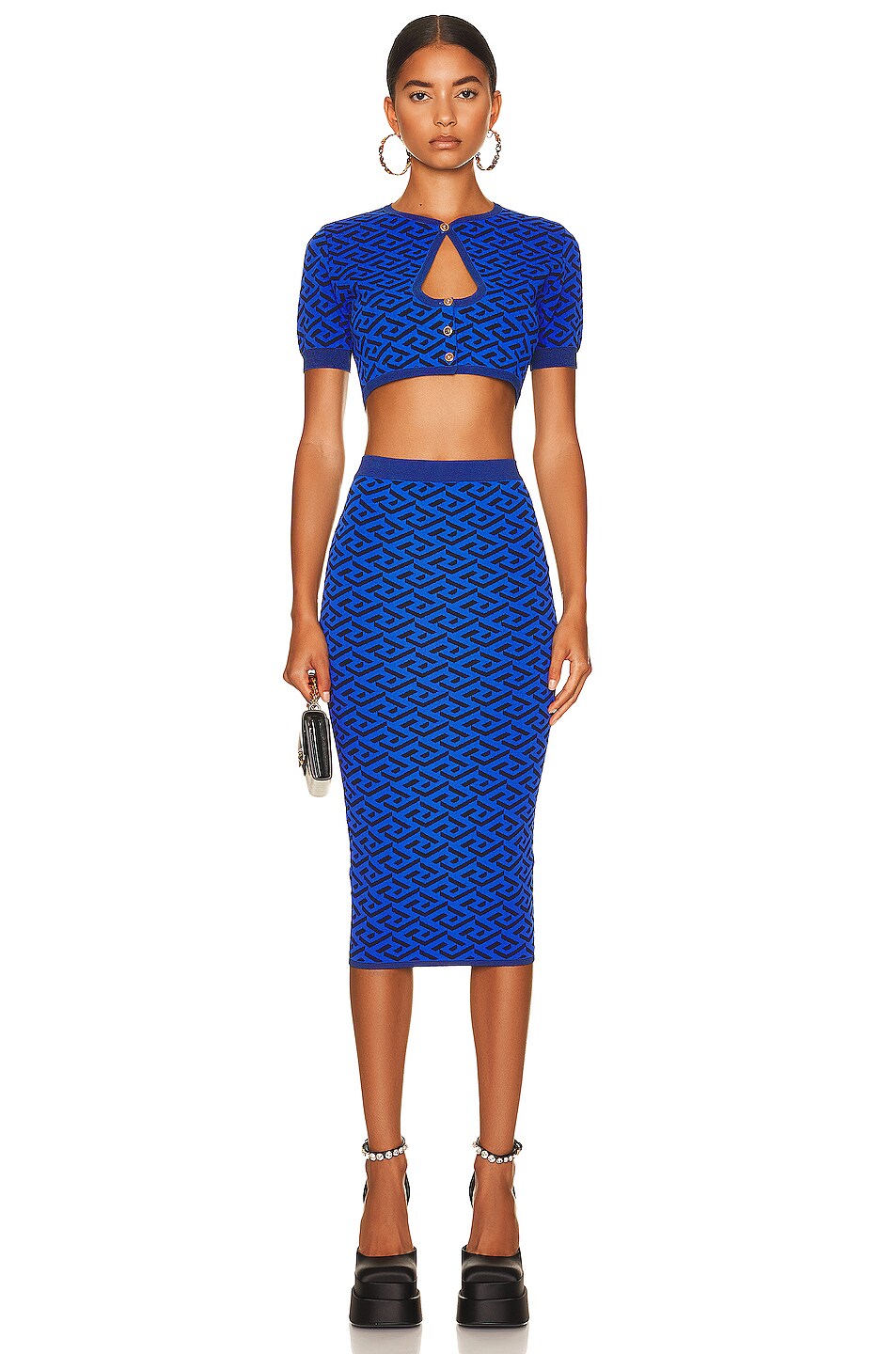 VERSACE La Greca Short Sleeve Crop Cardigan in Royal Blue | FWRD