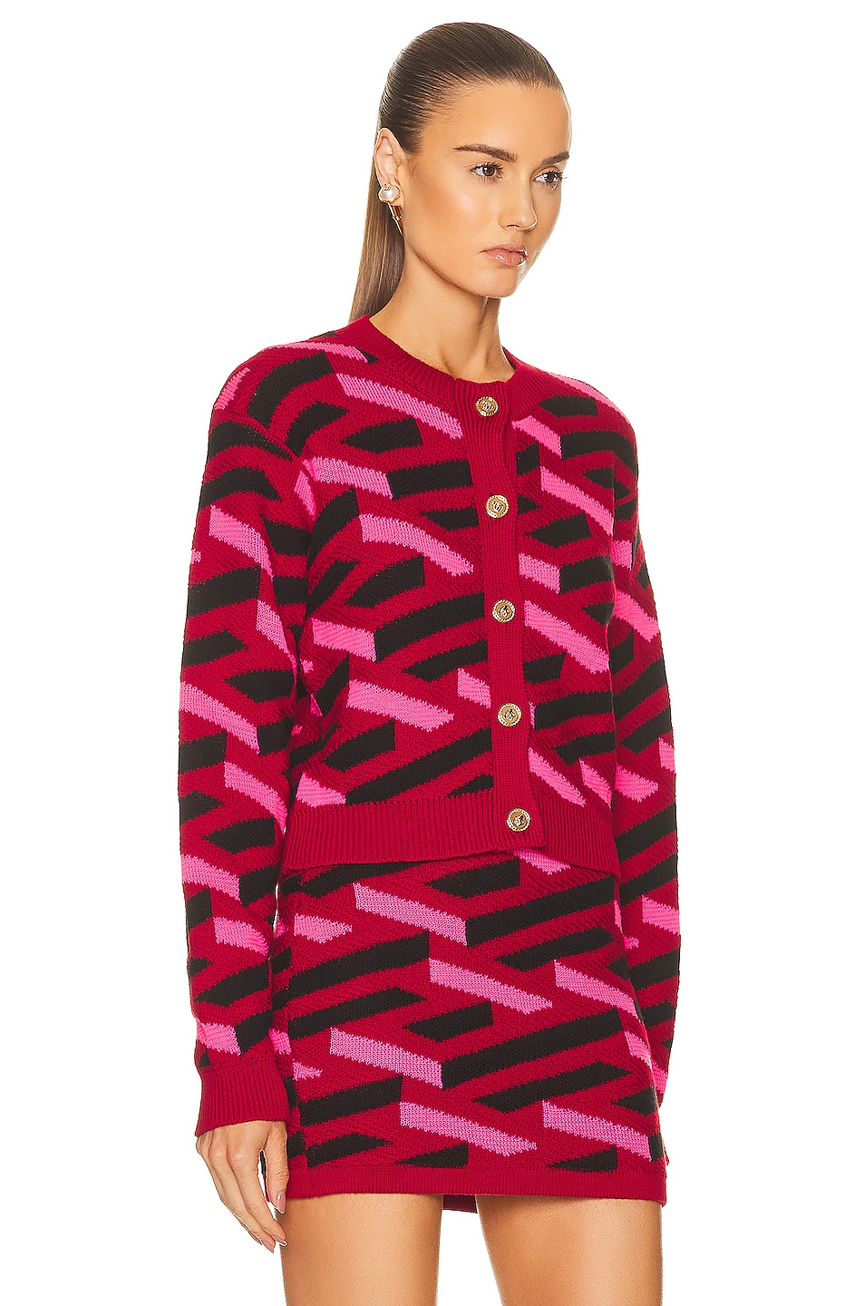 VERSACE La Greca Texture Cardigan in Parade Red & Fuchsia | FWRD