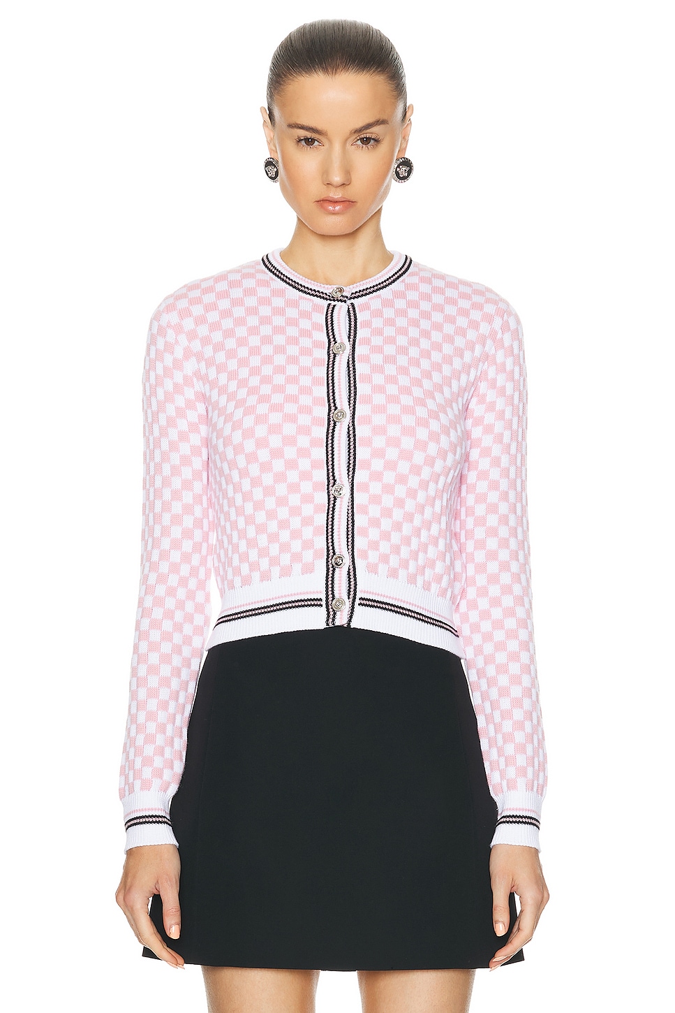 VERSACE Long Sleeve Cardigan in White & Pale Pink | FWRD
