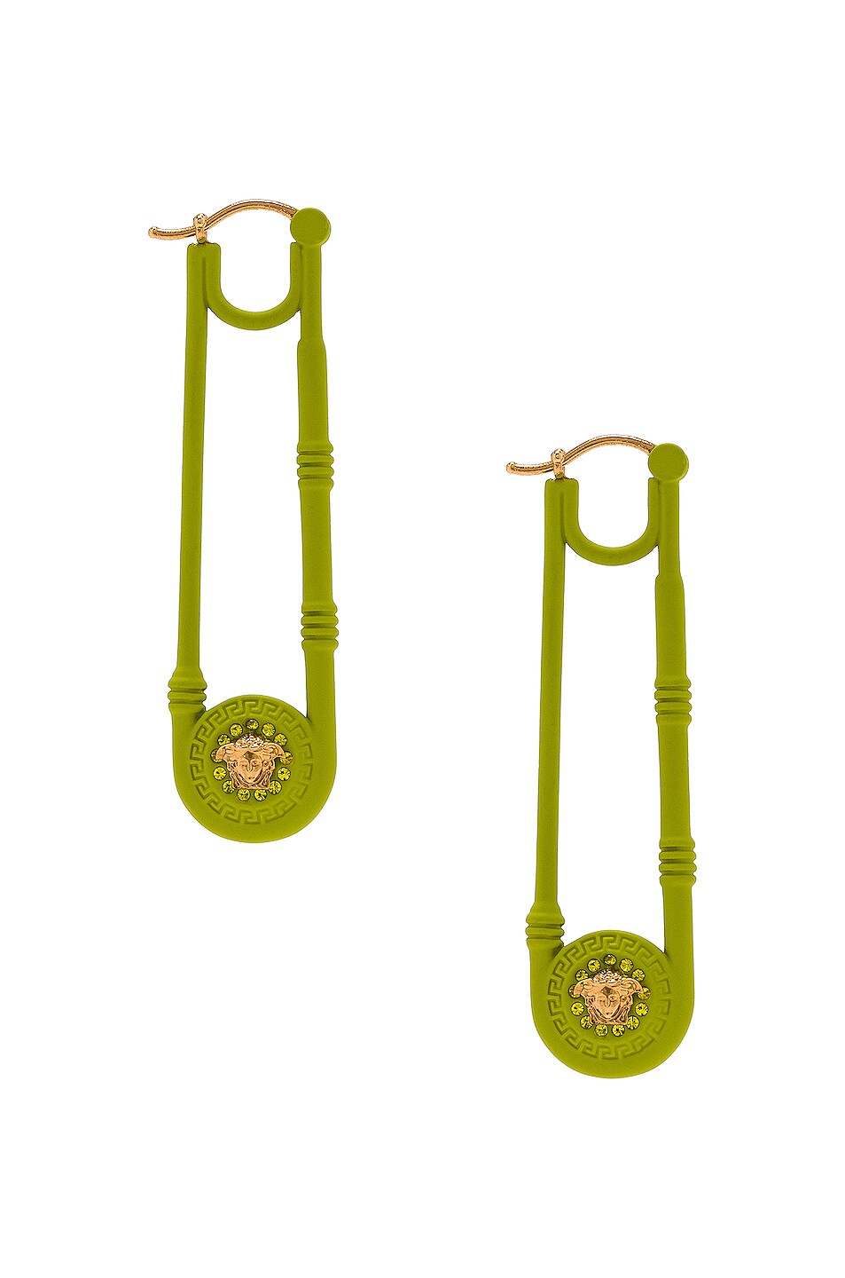 VERSACE Logo Safety Pin Earrings in Oro & Citron | FWRD