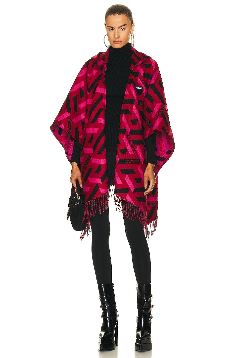 VERSACE Monogram Fringe Cape in Parade Red & Fuchsia | FWRD