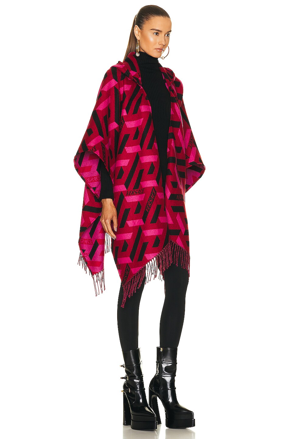 VERSACE Monogram Fringe Cape in Parade Red & Fuchsia | FWRD