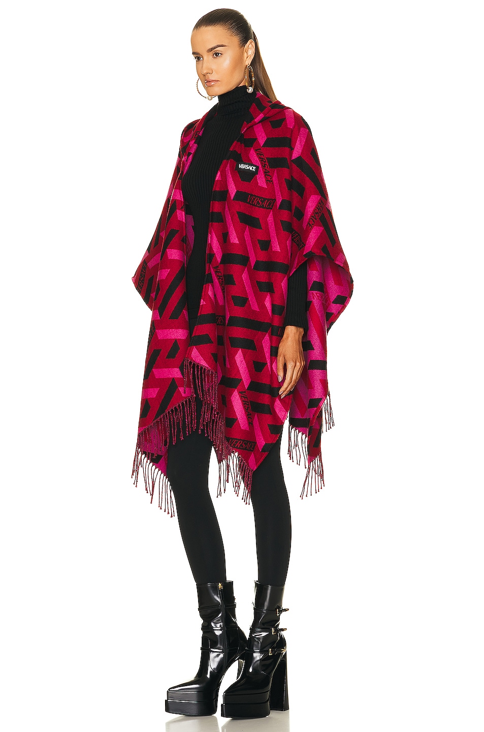 VERSACE Monogram Fringe Cape in Parade Red & Fuchsia | FWRD